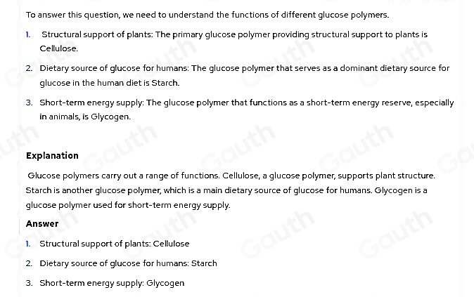 Solved: Match the function of the glucose polymer with the appropriate name. Prompts Answers 1 s ...