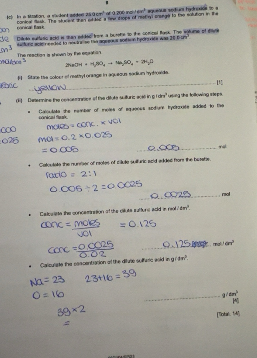 Risolto:8 (c) In a titration, a student added 25.0cm^3 of 0.200mol/dm^3 ...