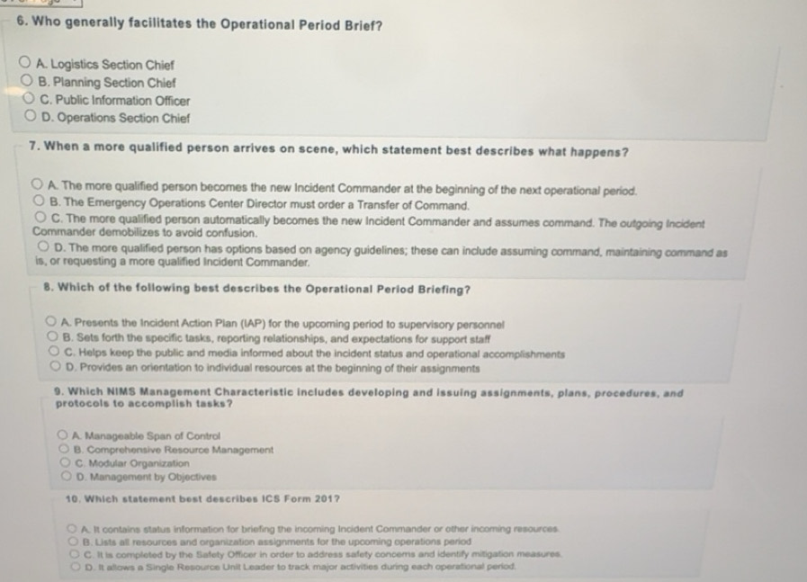 Solved: Who generally facilitates the Operational Period Brief? A ...