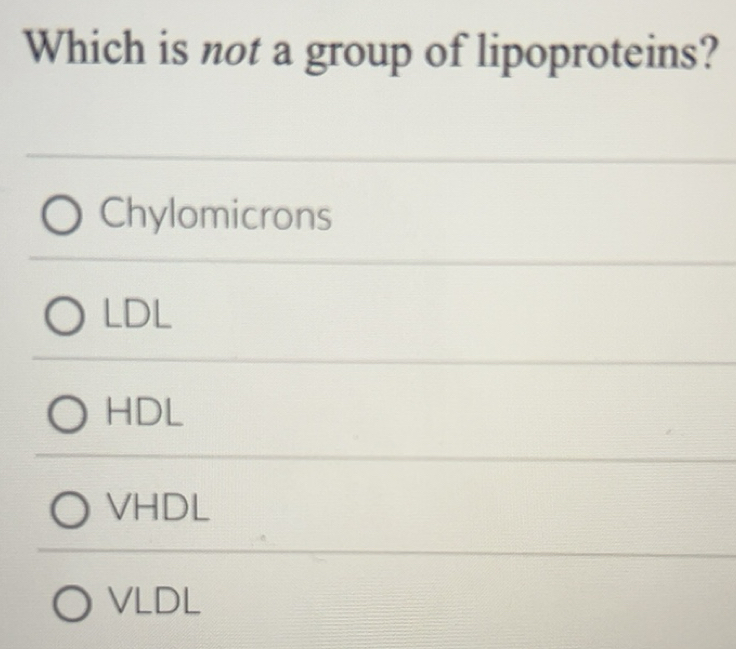 Solved: Which is not a group of lipoproteins? Chylomicrons LDL HDL VHDL ...
