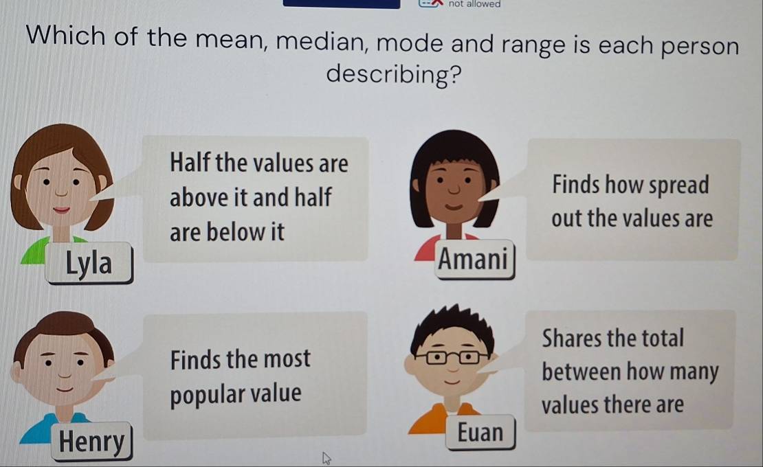 Solved: not allowed Which of the mean, median, mode and range is each ...