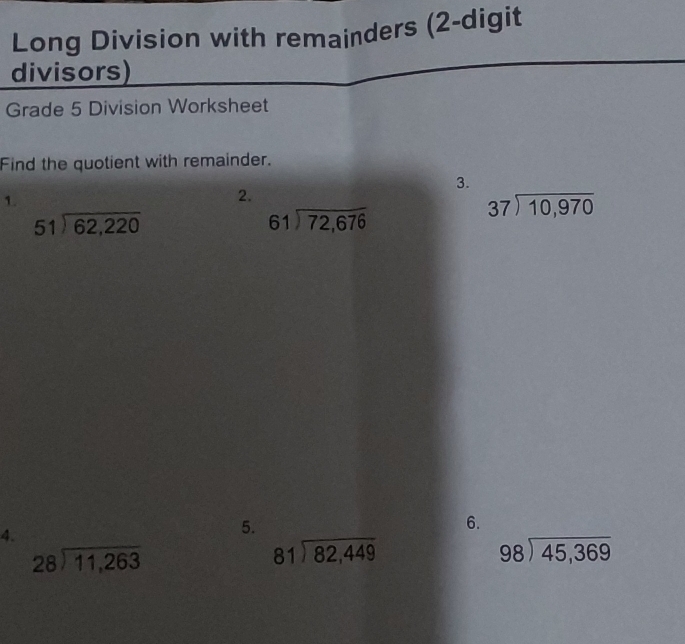 Solved: Long Division with remainders (2-digit divisors) Grade 5 Division Worksheet Find the qu ...