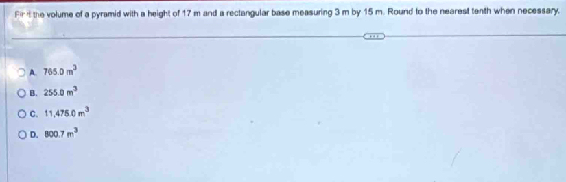 Solved: Fir the volume of a pyramid with a height of 17 m and a ...