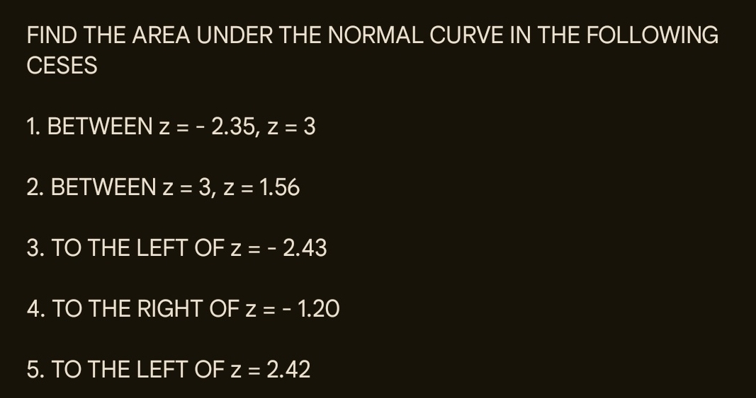 Solved: FIND THE AREA UNDER THE NORMAL CURVE IN THE FOLLOWING CESES 1 ...