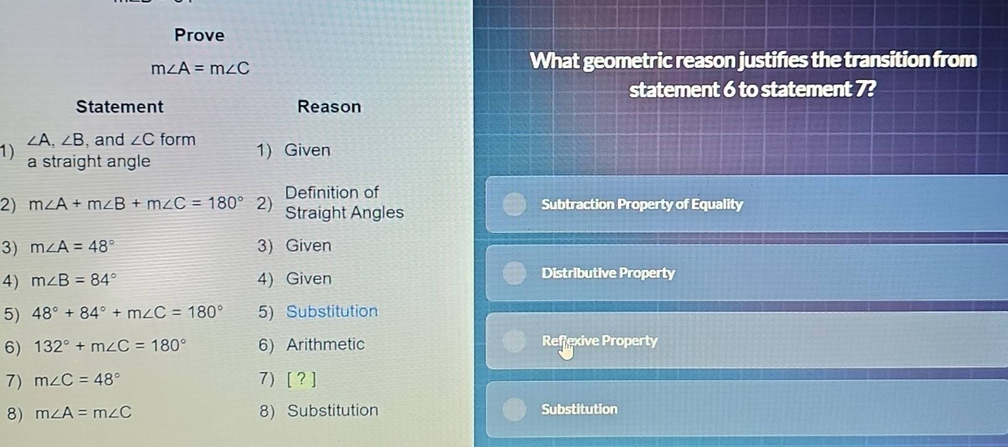 Solved: Prove m∠ A=m∠ C What geometric reason justifies the transition ...