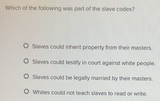 Solved: Which of the following was part of the slave codes? Slaves ...