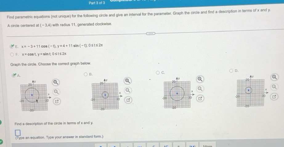 Solved: Find parametric equations (not unique) for the following circle ...
