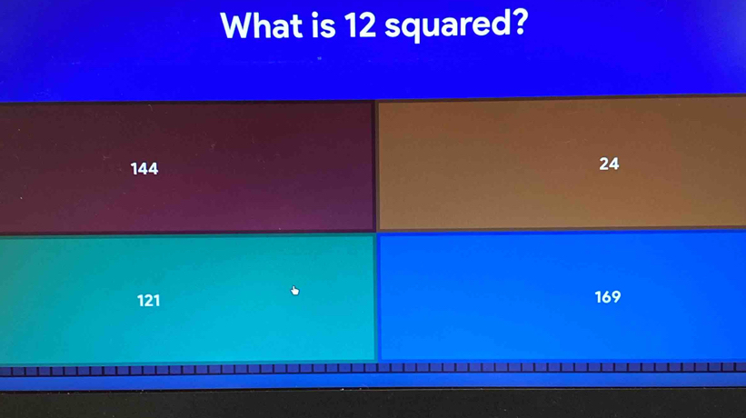 Solved: What is 12 squared? 144 24 121 169 [Math]