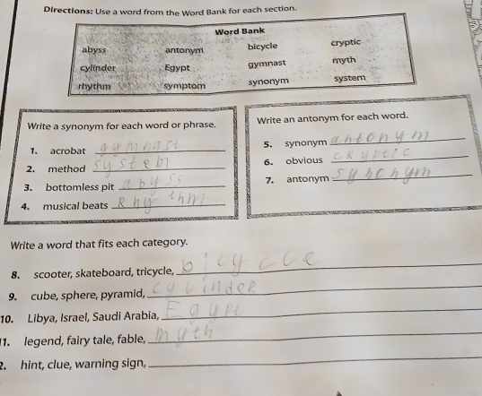 Solved: Directions: Use a word from the Word Bank for each section ...