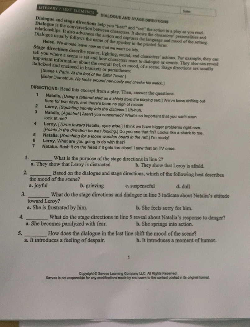 Solved: Ostes LITERARY / TEXT ELEMENTS DIALOGUE AND STAGE DIRECTIONS ...