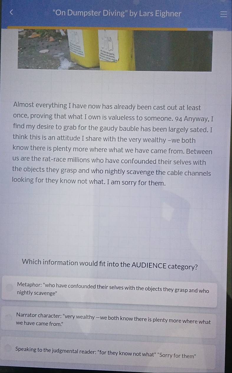 Solved: "On Dumpster Diving" by Lars Eighner Almost everything I have ...