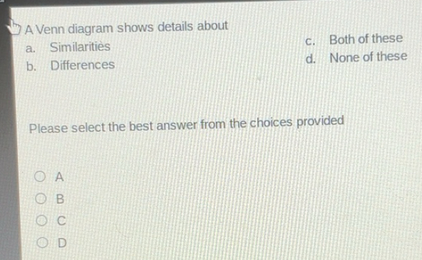 Solved: A Venn diagram shows details about a. Similaritiès c. Both of ...