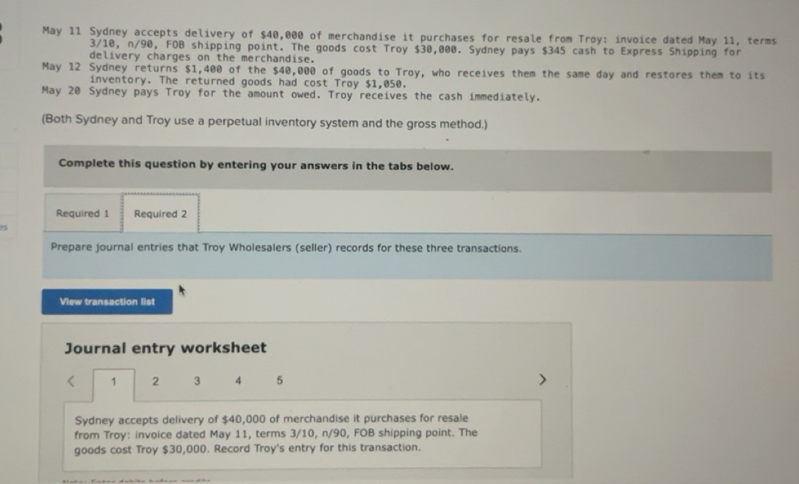 Solved: May 11 Sydney accepts delivery of $40,000 of merchandise it ...