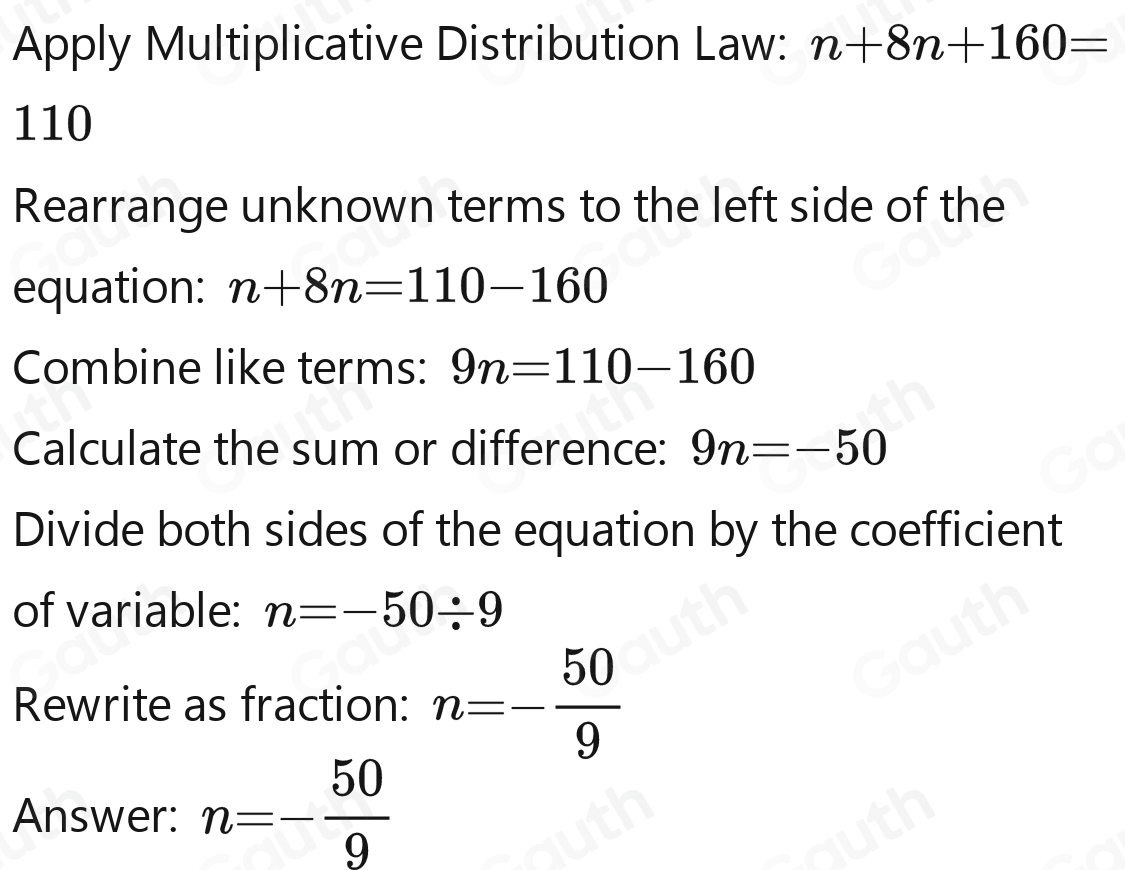 Solved: Stan's solution to an equation is shown below. Given: n+8(n+20 ...