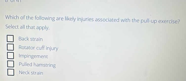 Solved: 01 41 Which of the following are likely injuries associated ...