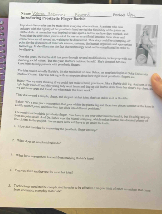 Solved: Name_ Period Introducing Prosthetic Finger Barbie _ Important ...