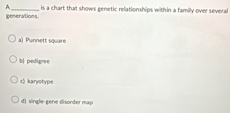 Solved: A_ is a chart that shows genetic relationships within a family ...
