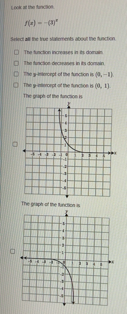 Solved: Look at the function. f(x)=-(3)^x Select all the true ...