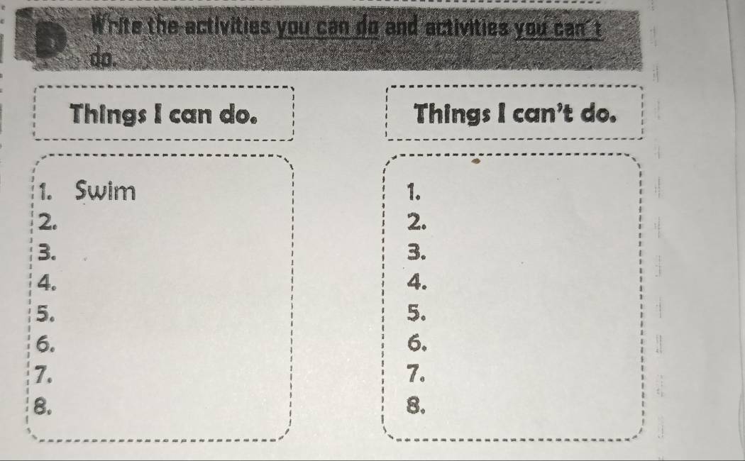 Resuelto:Write the activities you can do and activities you can' t do ...