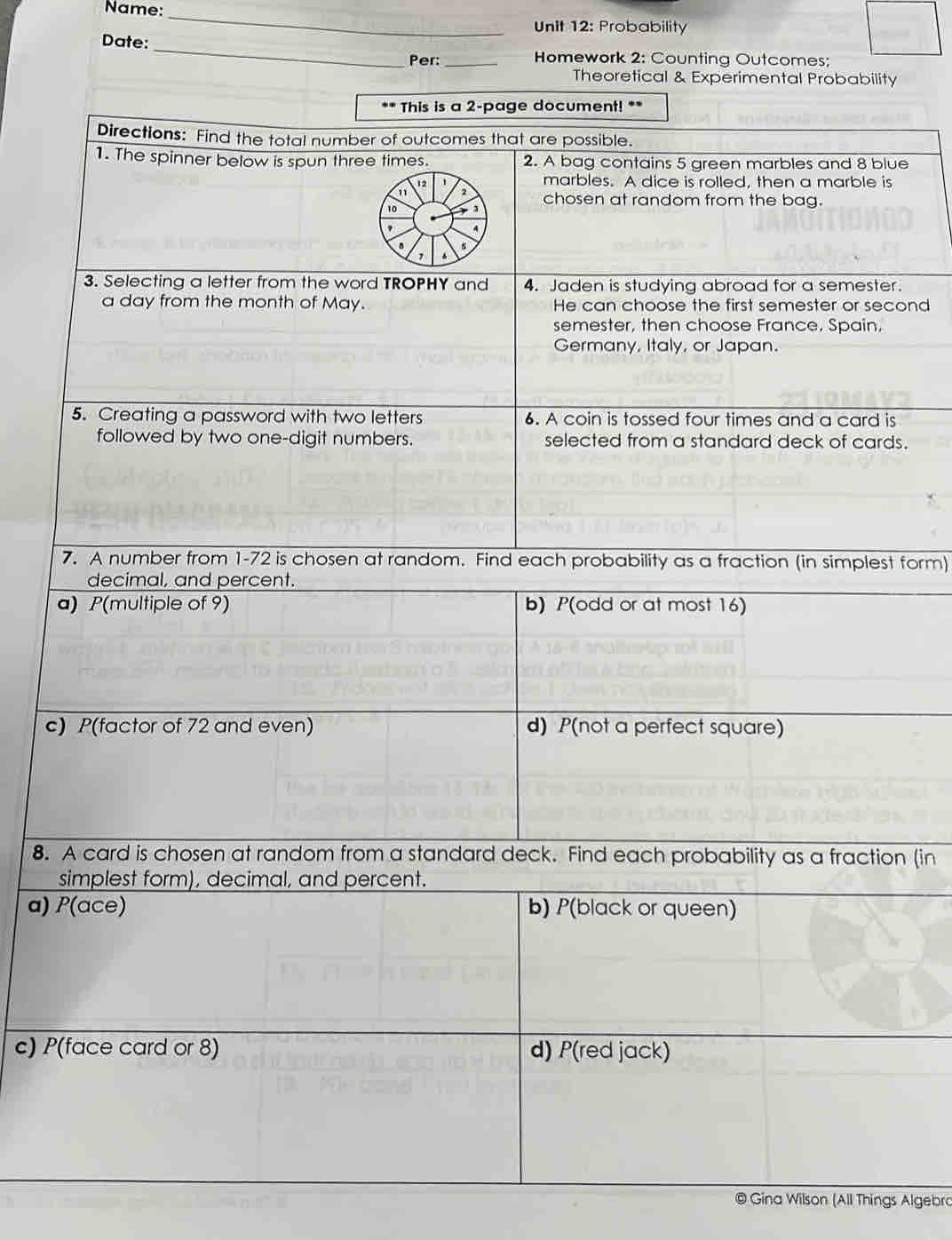 Solved: Name: Unit 12: Probability _ Date: _ Per: _ Homework 2 ...