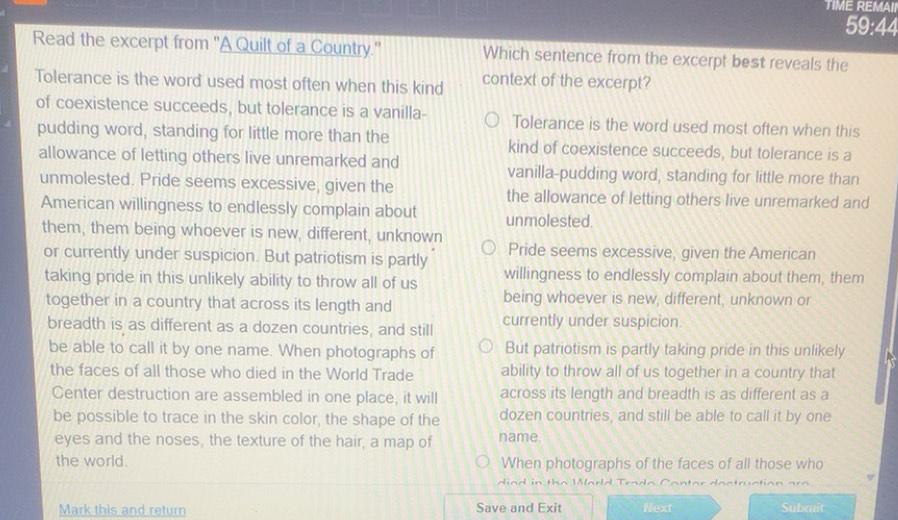 Resuelto:TIME REMAI 59:44 Read the excerpt from "A Quilt of a Country ...