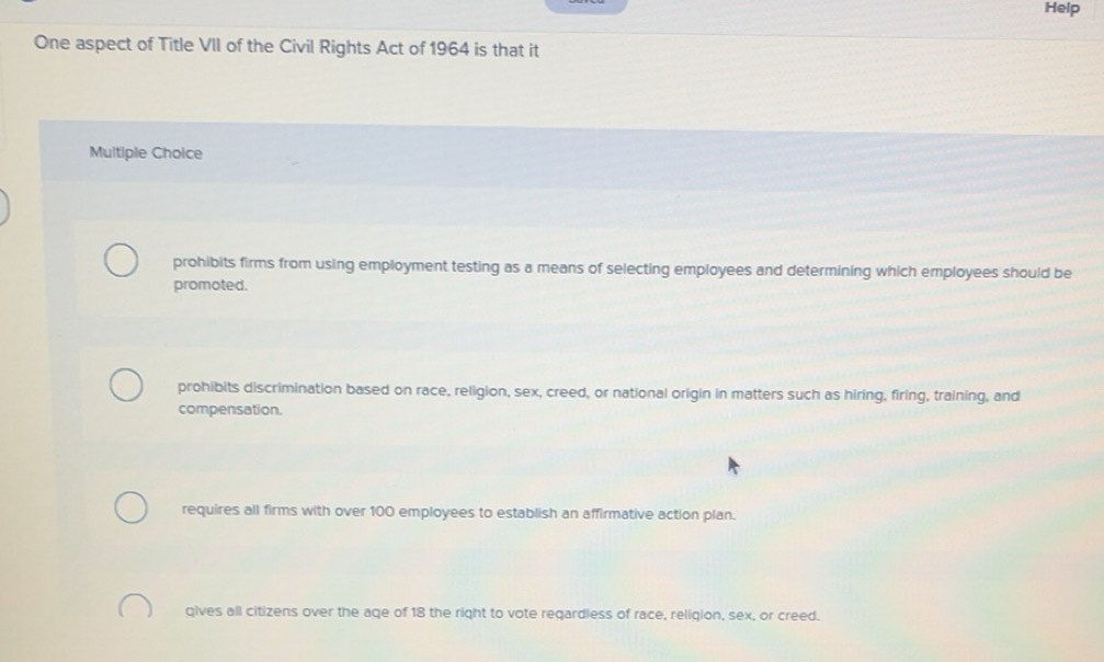 Solved: Help One aspect of Title VII of the Civil Rights Act of 1964 is ...