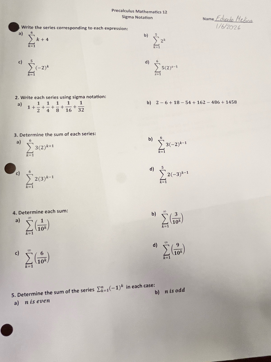 Solved: Precalculus Mathematics 12 _ Sigma Notation Name Write the ...