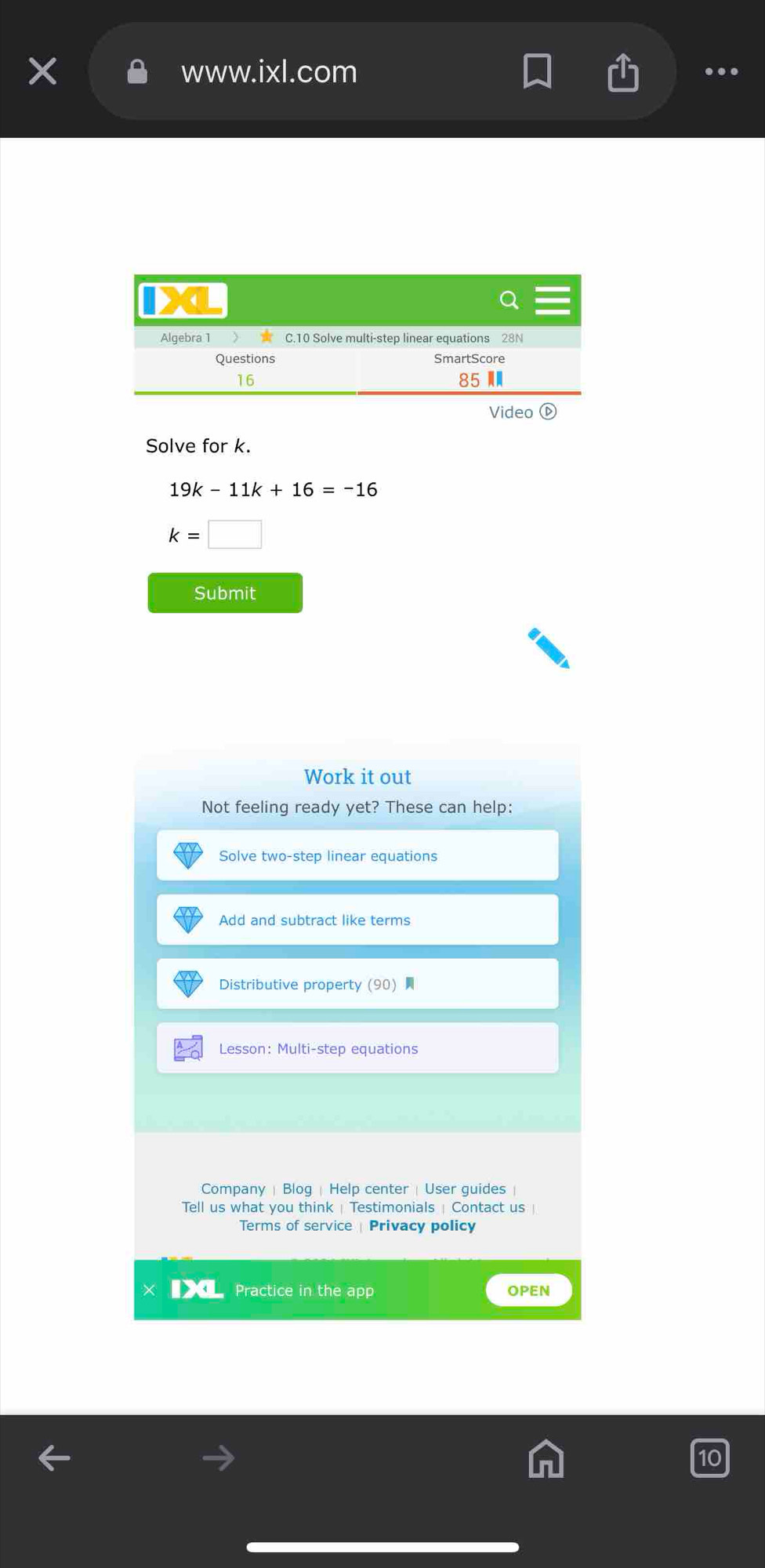 Solved: Solve for k. 19k-11k+16=-16 k= Submit Work it out Not feeling ...