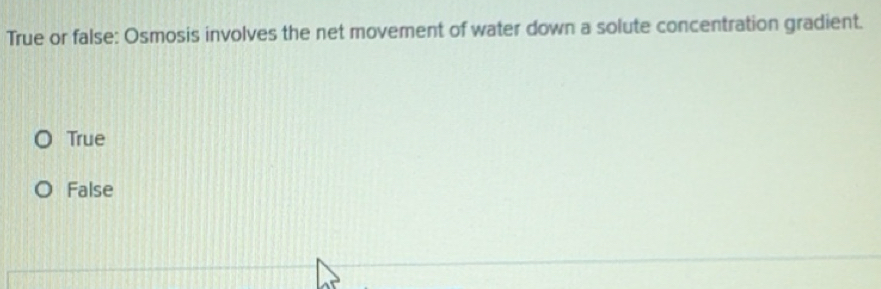 Solved: True or false: Osmosis involves the net movement of water down ...
