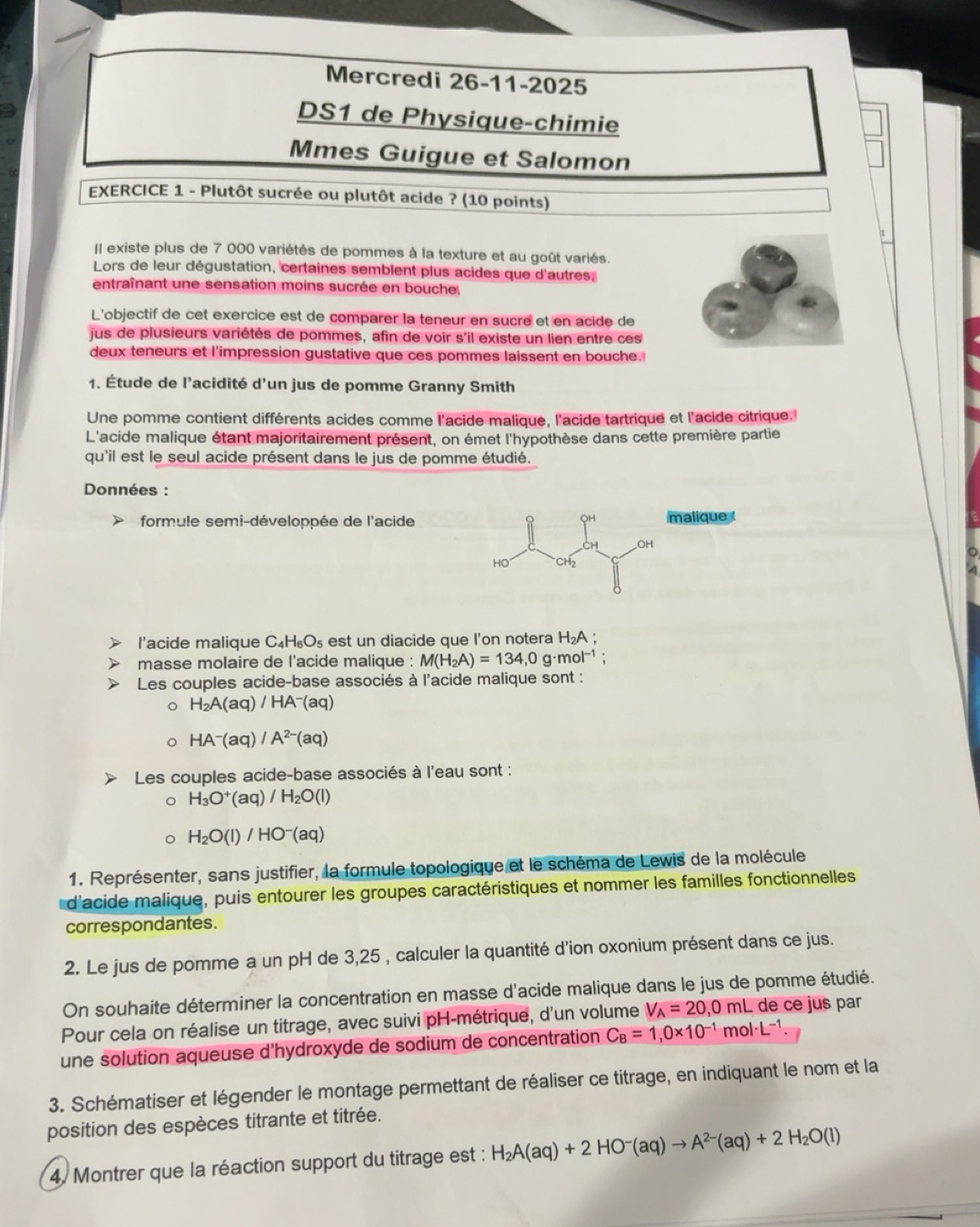 Résolu :Mercredi 26-11-2025 DS1 de Physique-chimie Mmes Guigue et ...