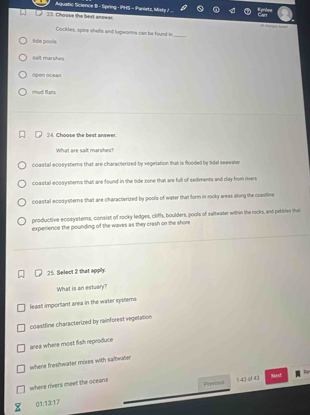 Solved: Aquatic Science B - Spring - PHS - Panietz, Misty / . Carr ...