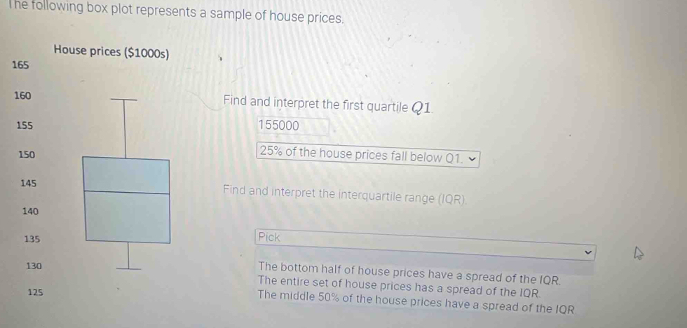 Solved: he following box plot represents a sample of house prices ...