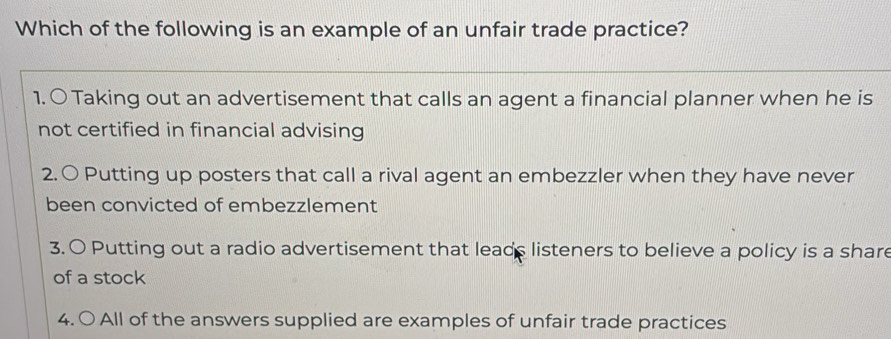 Solved: Which of the following is an example of an unfair trade ...