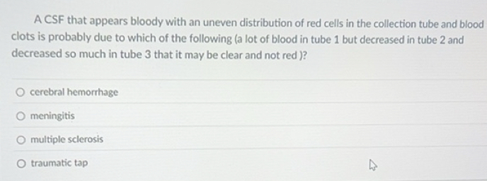 Solved: A CSF that appears bloody with an uneven distribution of red ...