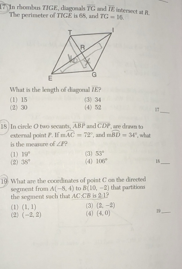 Solved: In rhombus TIGE, diagonals overline TG and overline IE ...