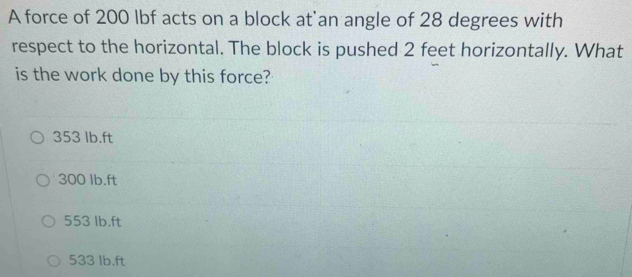 Solved: A force of 200 lbf acts on a block at'an angle of 28 degrees ...