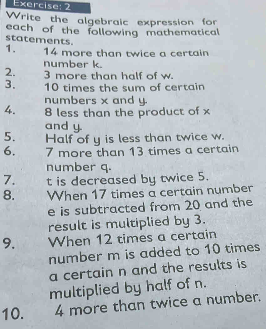Solved: Write the algebraic expression for each of the following ...