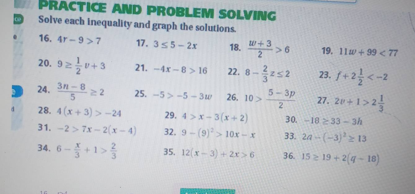 Solved: PRACTICE AND PROBLEM SOLVING ce Solve each inequality and graph the solutions. 16. 4r-9 ...