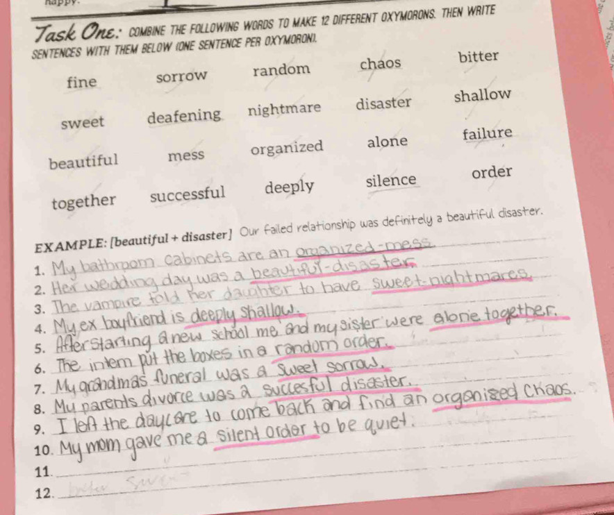 happy Task One: combine the following words to make 12 different ...