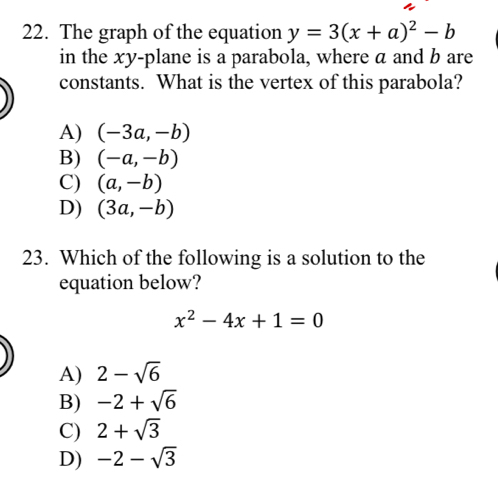 Solved: The graph of the equation y=3(x+a)^2-b in the xy -plane is a ...