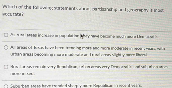 Solved: Which of the following statements about partisanship and ...