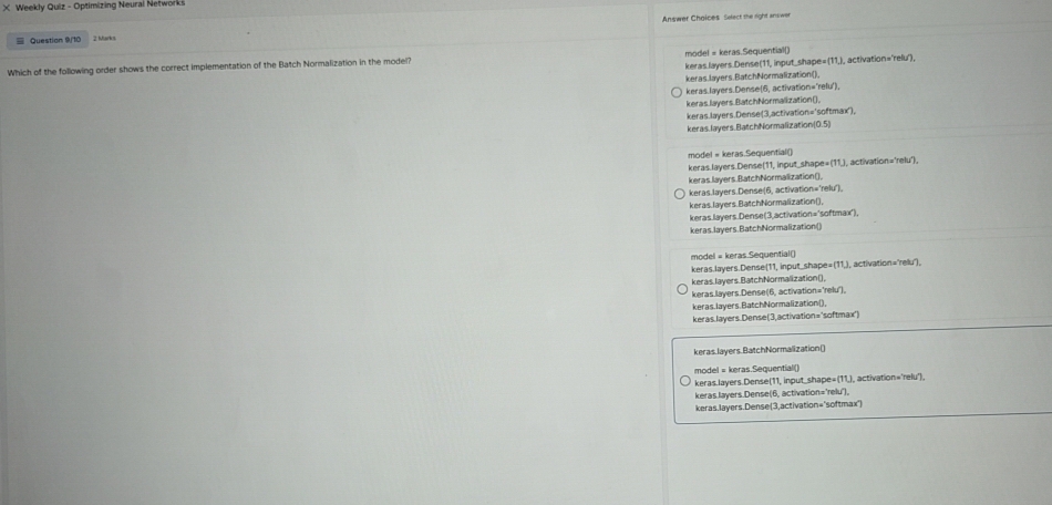 Solved: Weekly Quiz - Optimizing Neural Network Answer Choices Select ...