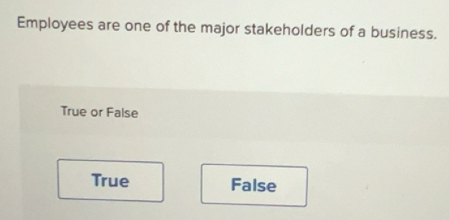 Solved: Employees are one of the major stakeholders of a business. True ...