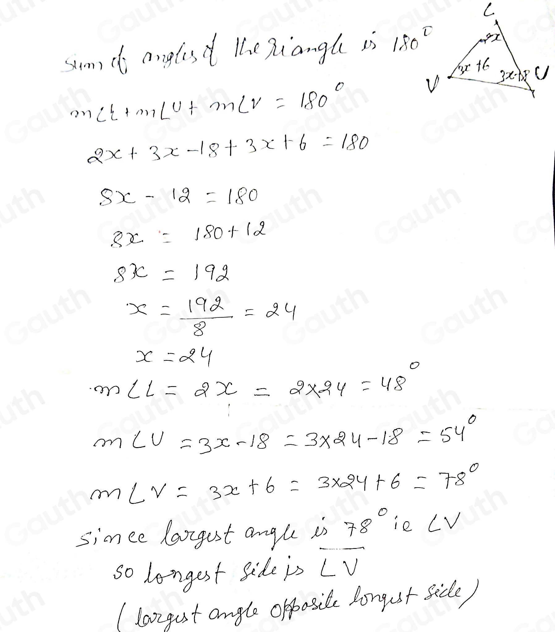 Solved: What is the longest side in LUV if m∠ L=2x, m∠ U=3x-18 and m∠ V ...