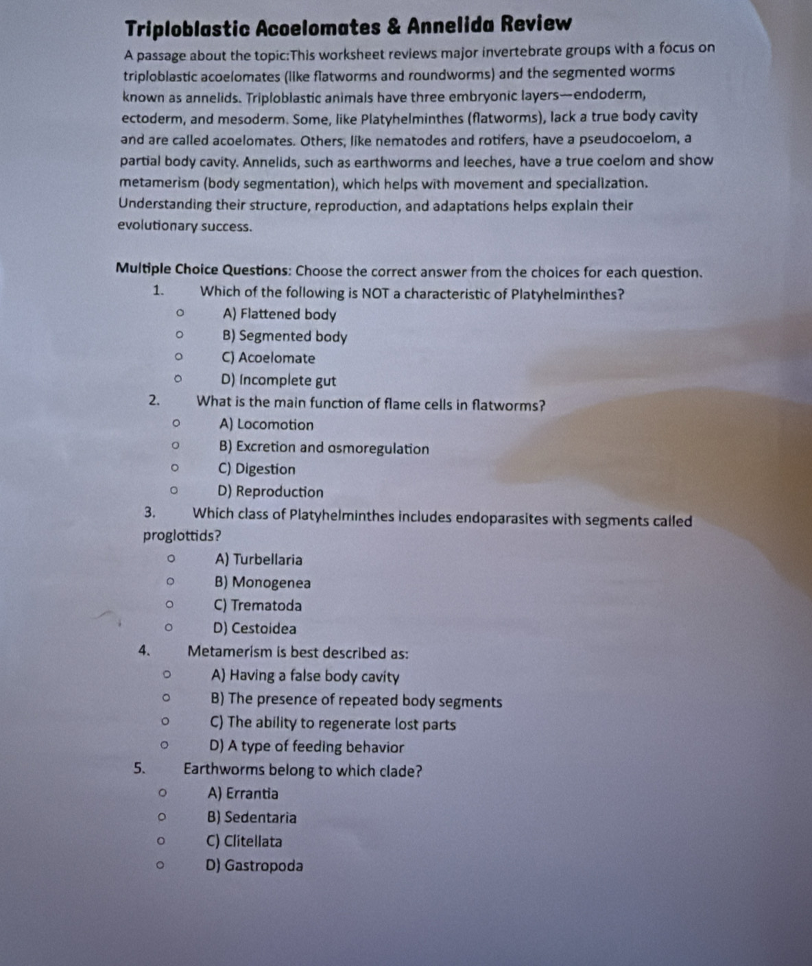 Solved: Triploblastic Acoelomates & Annelida Review A passage about the ...