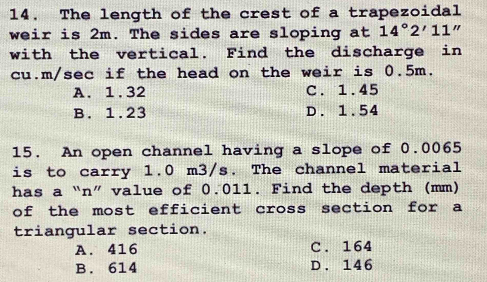 Solved: The length of the crest of a trapezoidal weir is 2m. The sides ...