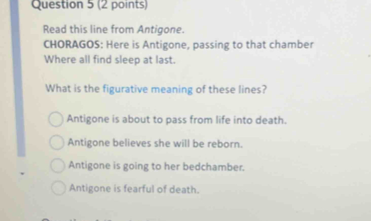 Solved: Read this line from Antigone. CHORAGOS: Here is Antigone ...
