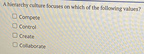 Solved: A hierarchy culture focuses on which of the following values ...