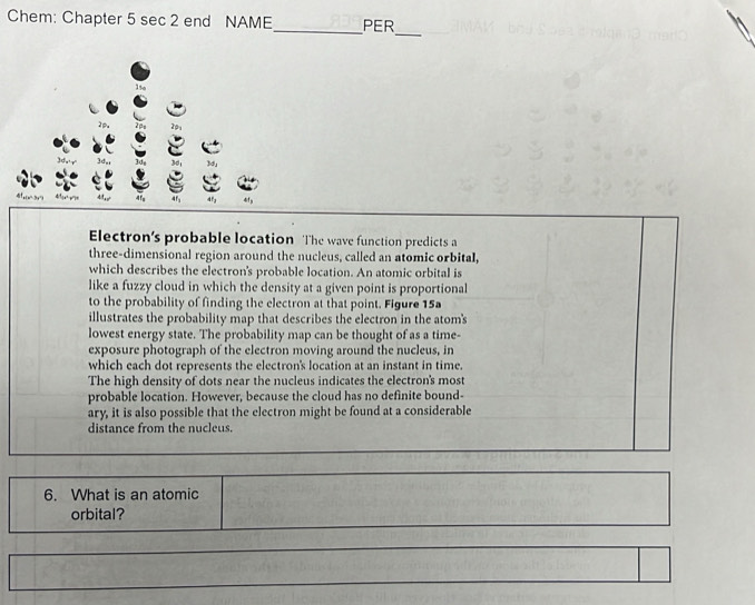 Solved: Chem: Chapter 5 sec 2 end NAME_ PER _ Electron’s probable location The wave function pre ...