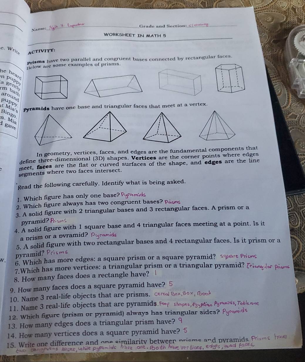 Solved: Grade and Section: c o Name: WORKSHEET IN MATH 5 _ e. Write ...